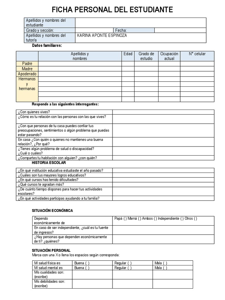 Ficha Personal Del Estudiante | PDF