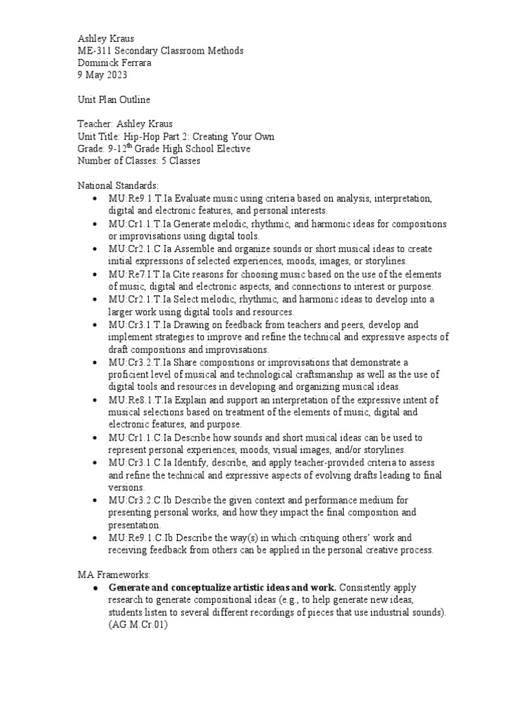 Me-311 Unit Plan - Ashley Kraus | PDF | Hip Hop Music | Garage Band
