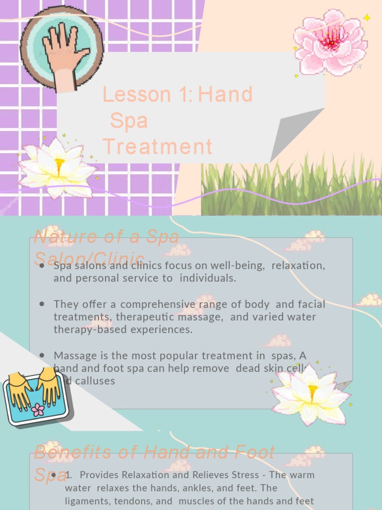 Lesson 1 Hand Spa Treatment | PDF | Nail (Anatomy) | Massage