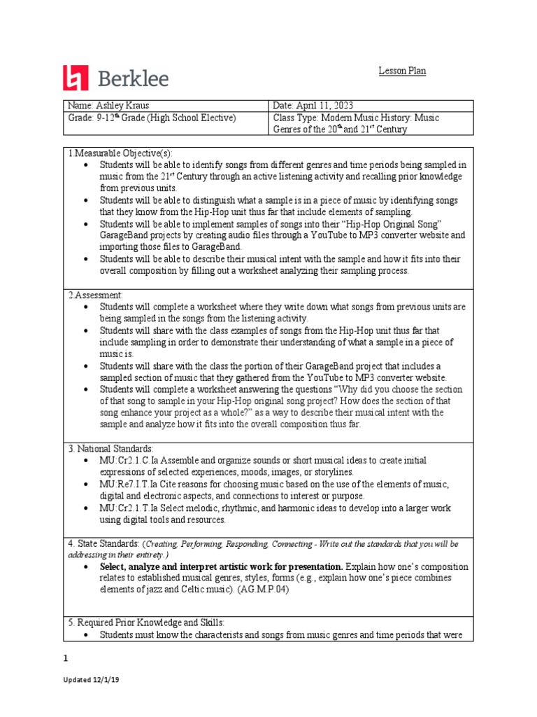 Revised High School Lesson Plan - Ashley Kraus | PDF | Garage Band ... Revised High School Lesson Plan - Ashley Kraus | PDF | Garage Band ...