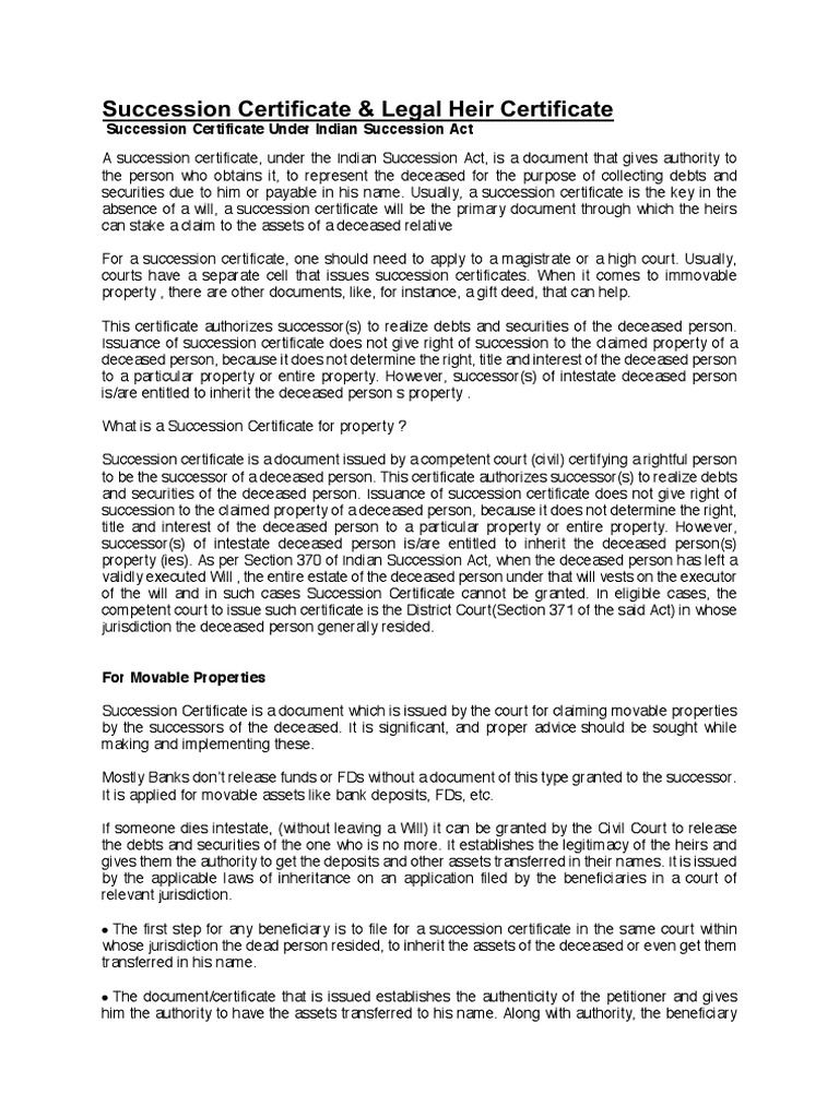 Succession Certificate & Legal Heir Certificate | PDF | Will And ...