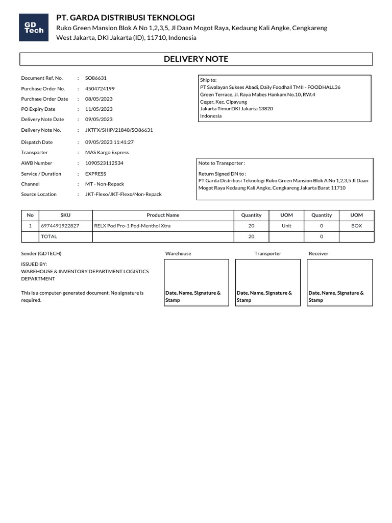 Delivery Note - JKTFX - Ship - 21848 - So86631 | PDF | Service ...