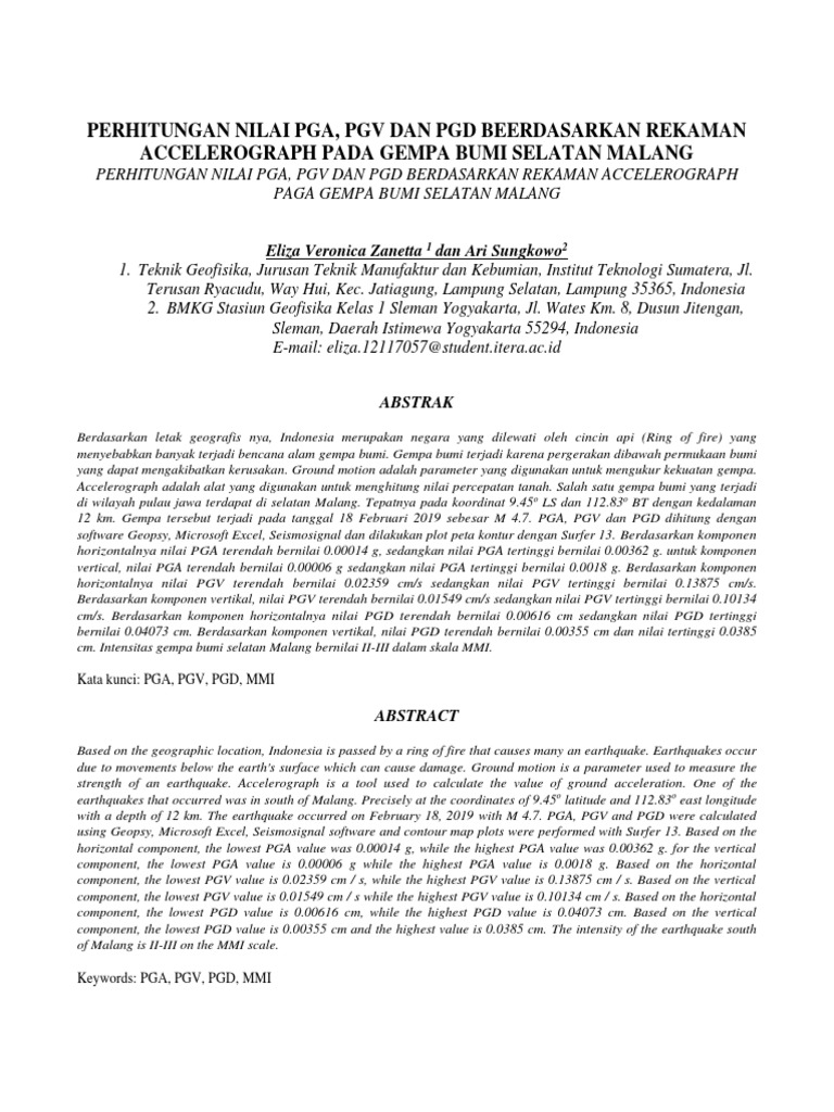 Pga, PGV Dan PGD Berdasarkan Rekaman Aacelerograph Dari Gempa Malang | PDF