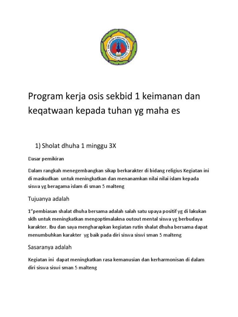Program Kerja Osis Sekbid 1 Keimanan Dan Keqatwaan Kepada Tuhan Yg Maha ...