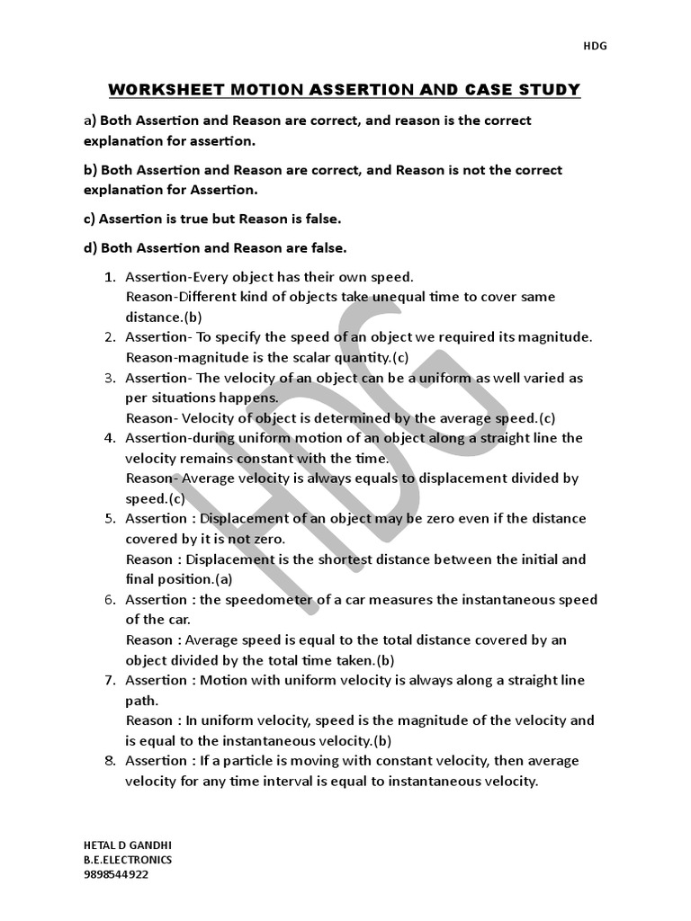 Worksheet Motion Assertion and Case Study | PDF | Velocity | Speed
