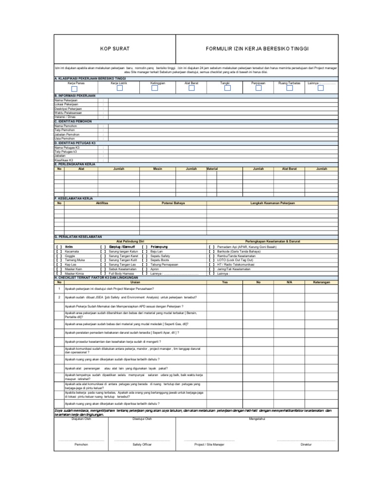 Formulir Ijin Kerja Beresiko TInggi) | PDF
