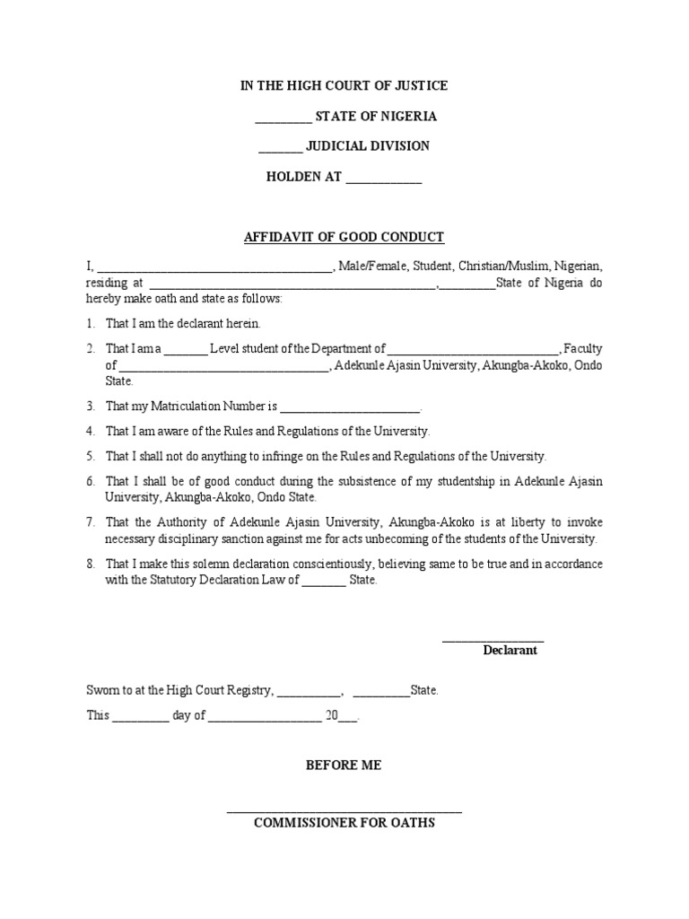 Affidavit of Good Conduct for Students | PDF