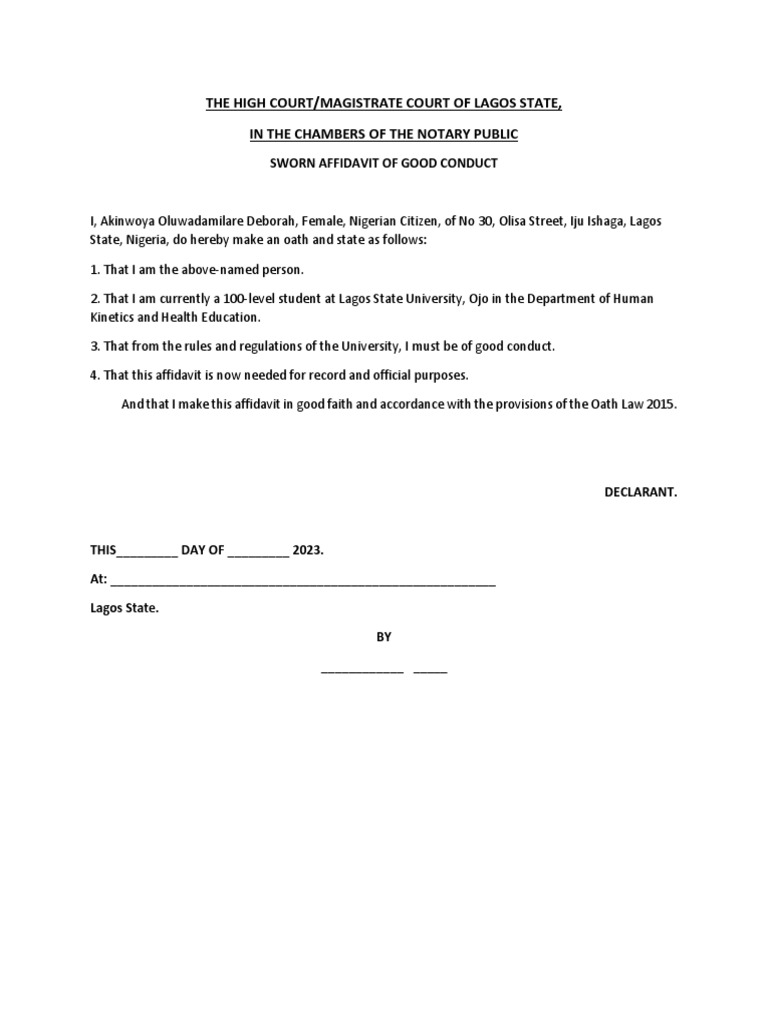 Sworn Affidavit of Good Conduct for Student Records | PDF