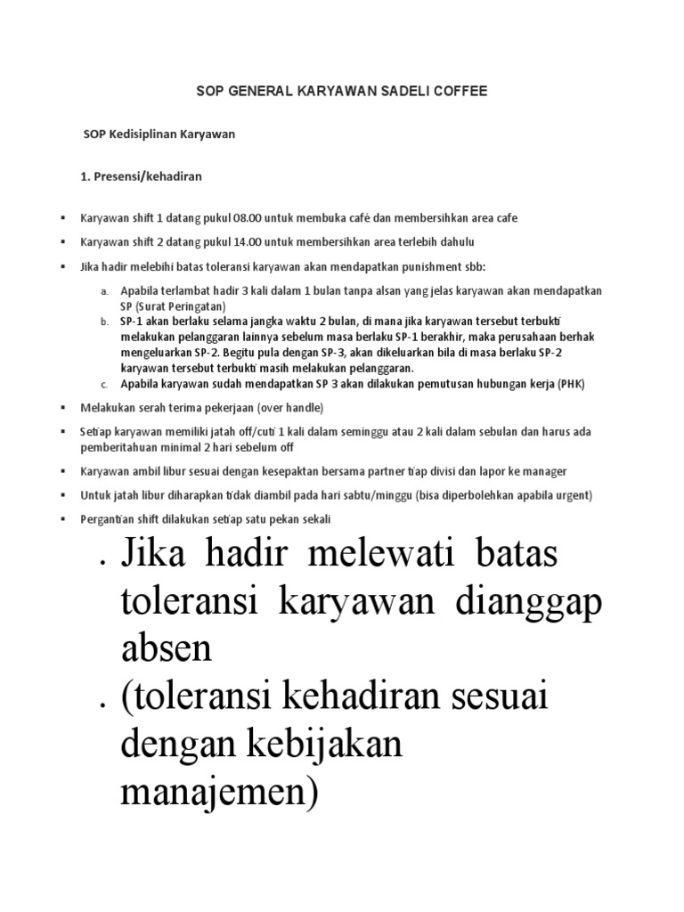 Sop General Karyawan Sadeli Coffee | PDF