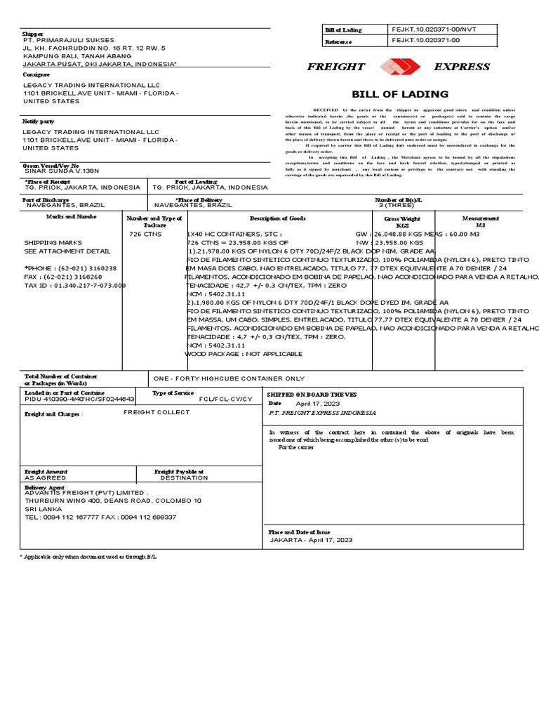 Draft BL 20371 | PDF | Bill Of Lading | Cargo