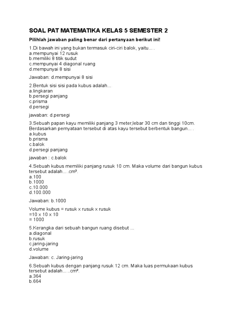 Soal Pat Matematika Kelas 5 Semester 2 PDF | PDF