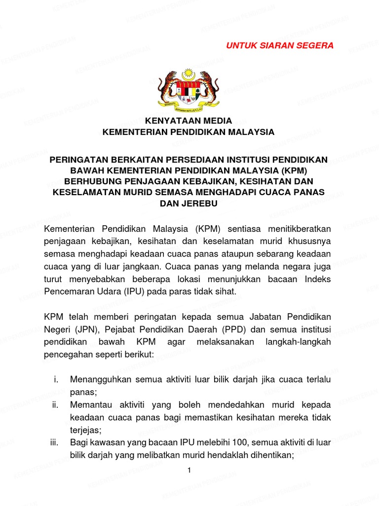 KM KPM Peringatan Berkaitan Persediaan Sekolah Berhubung Penjagaan | PDF