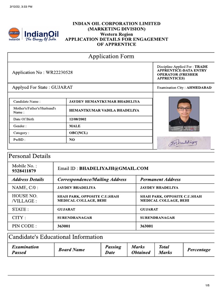 IOCL application form Color | PDF