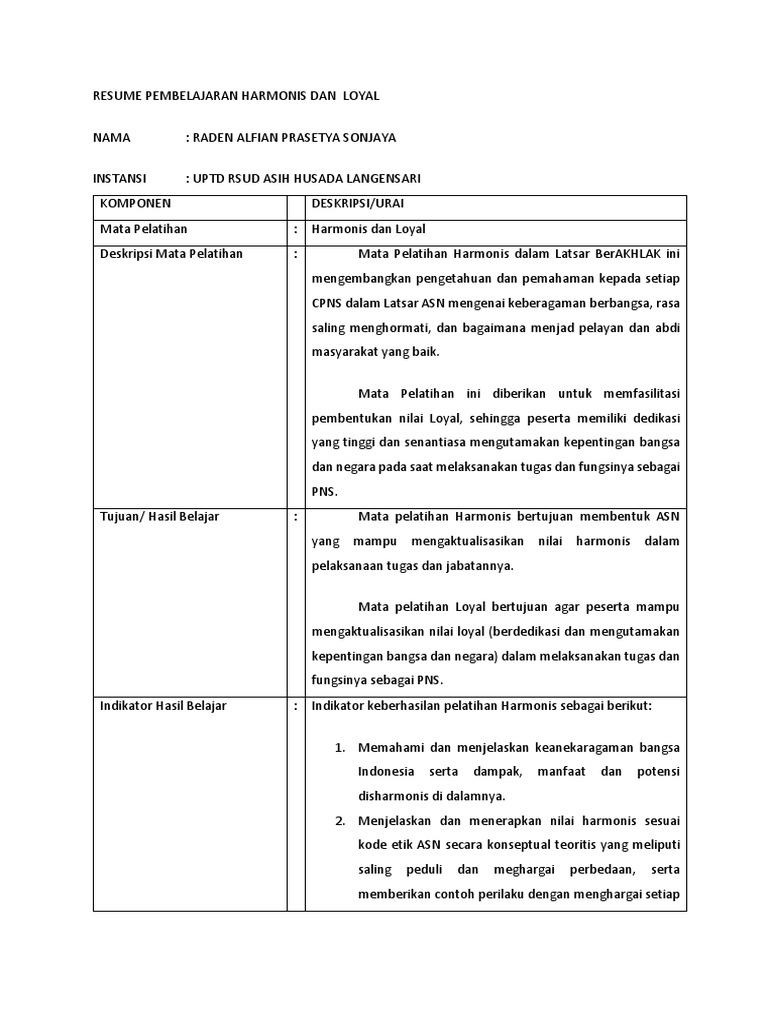 Resume Pembelajaran Harmonis Dan Loyal | PDF