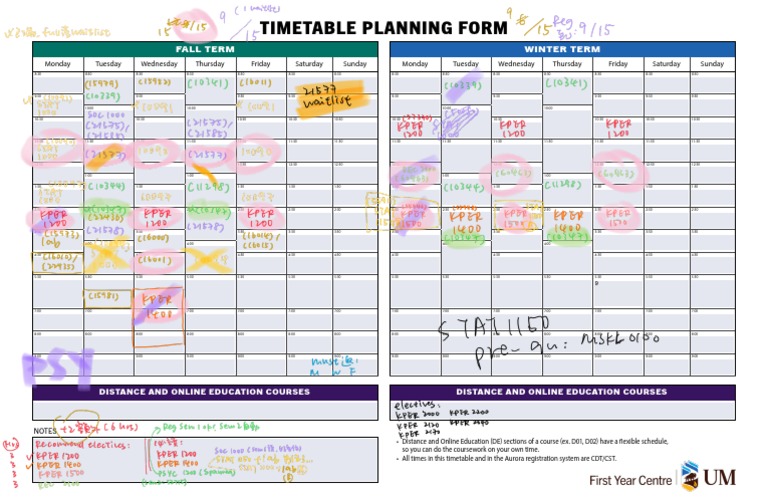 Fall and Winter Term Timetable Planning Form: A Blank Template for ...