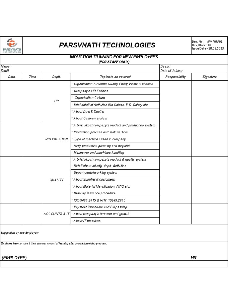 Induction Training For New Employee (Staff) | PDF | Business | Business ...