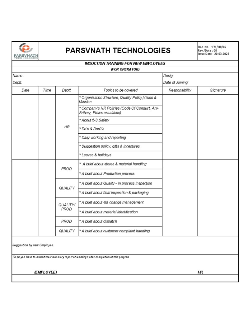 Induction Training For New Employee (Operator) | PDF | Business | Economies
