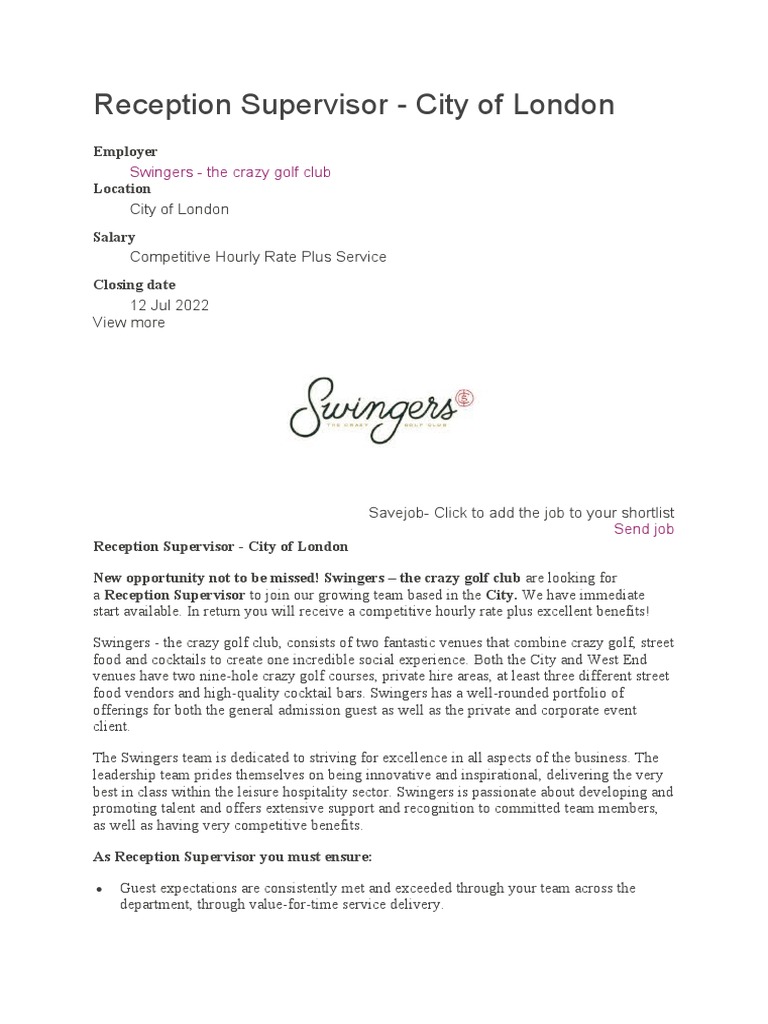 Reception Supervisor - City of London | PDF | Economies | Business