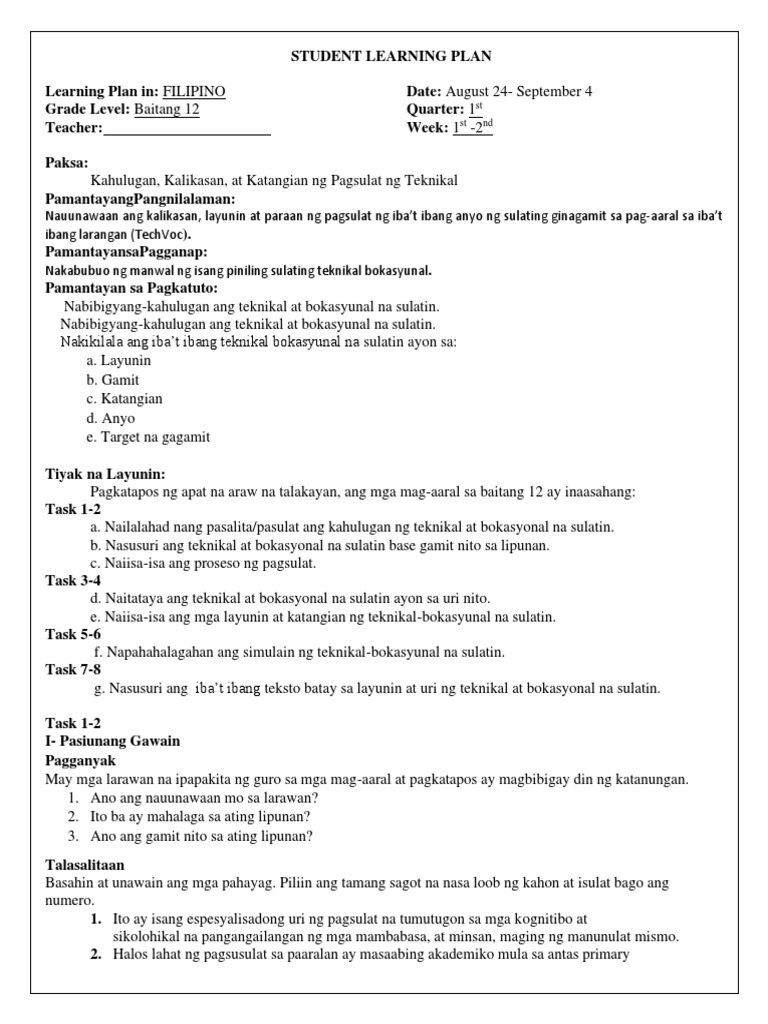 Lesson Plan Kahulugan, Kalikasan, at Katangian NG Pagsulat NG Teknikal ...
