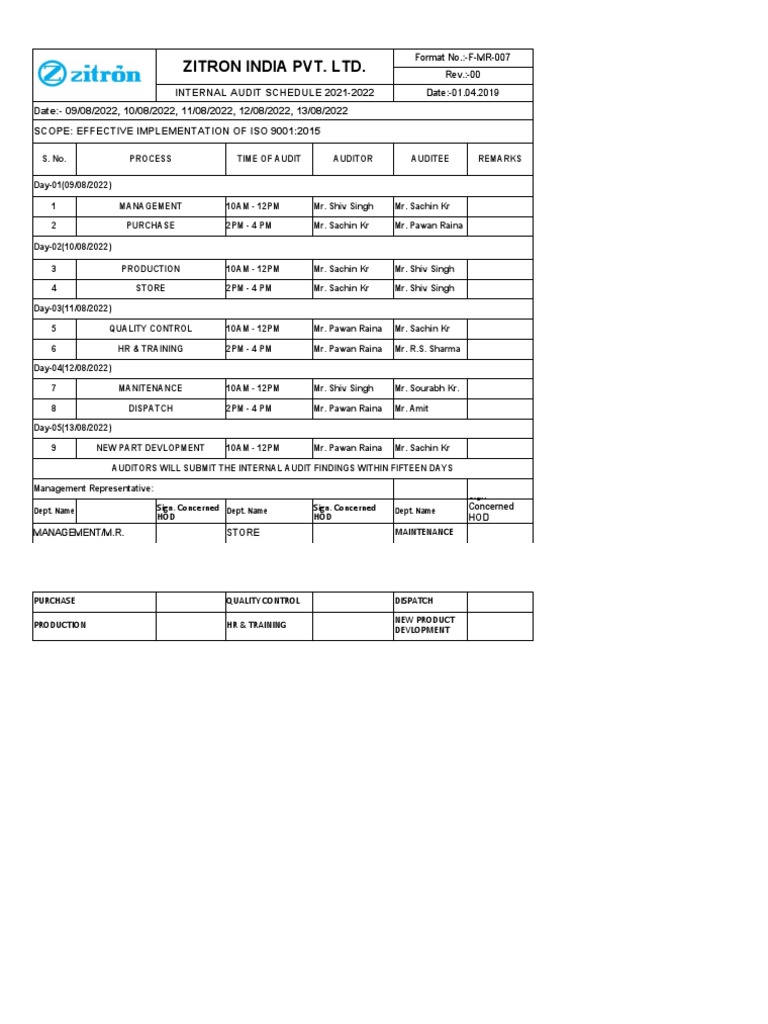ISO 9001:2015 Internal Audit Schedule | PDF