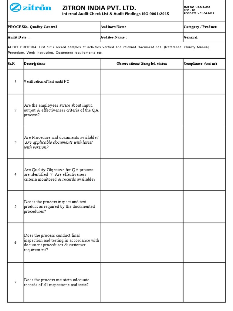 Internal Audit Check Sheet | PDF | Audit | Internal Audit