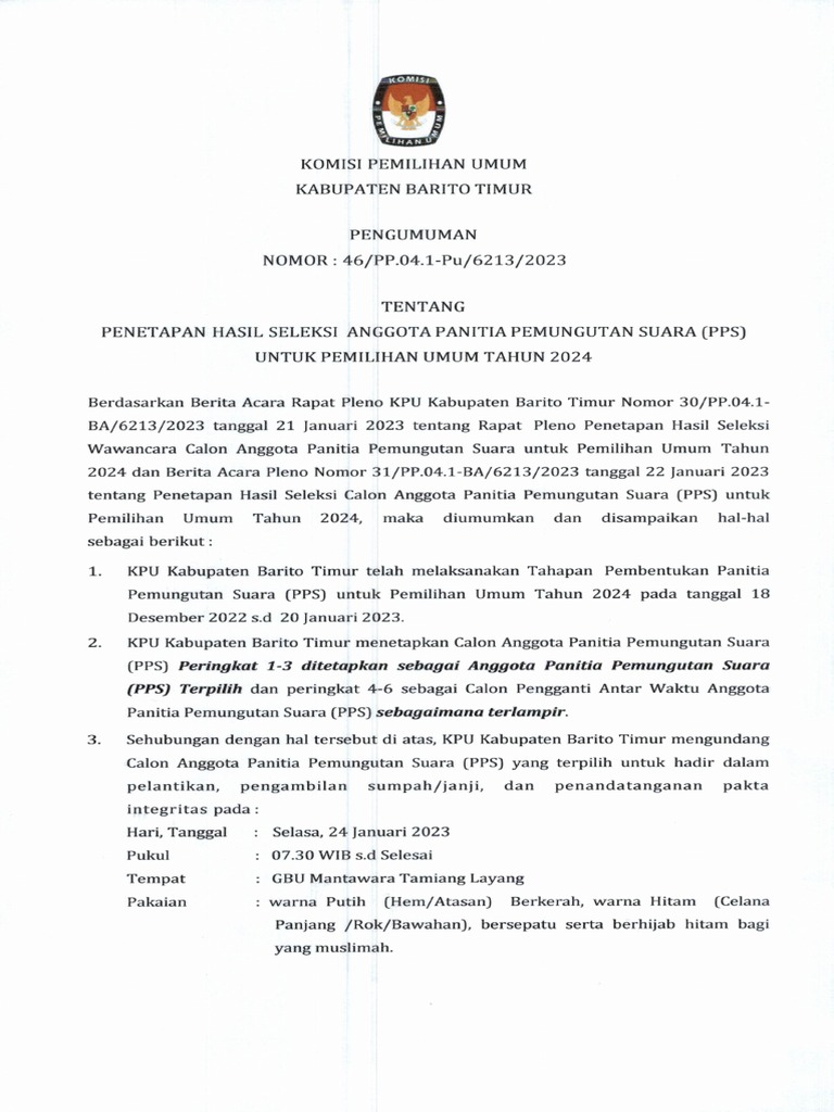 Penetapan Hasil Seleksi PPS | PDF