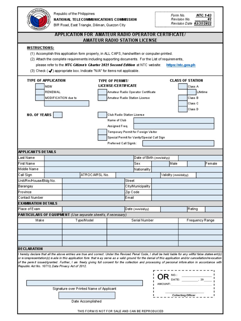 Form No NTC 1-03 APPLICATION FOR AMATEUR RADIO OPERATOR CERTIFICATE ...