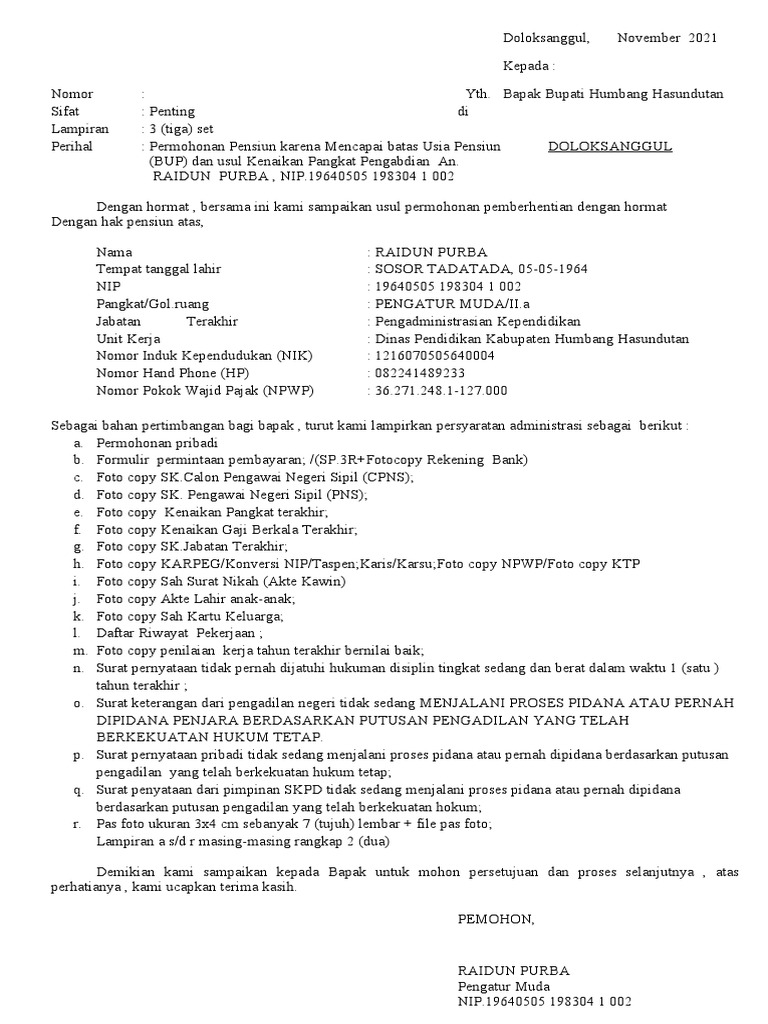 Surat Permohonan Pensiun | PDF