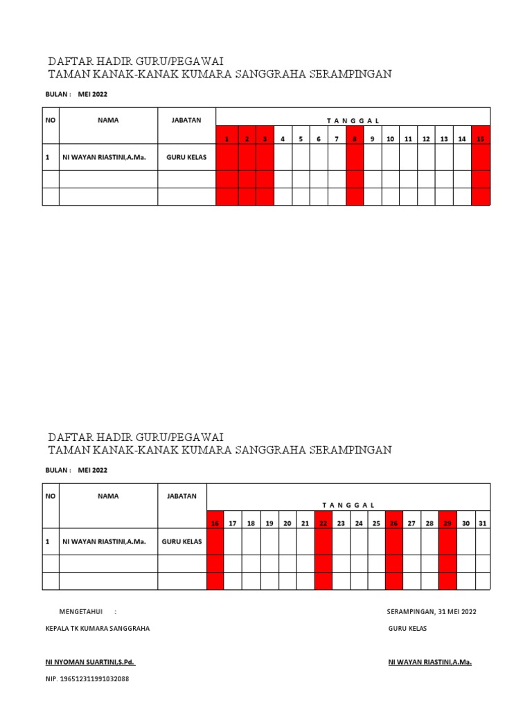 Daftar Hadir Guru TK | PDF