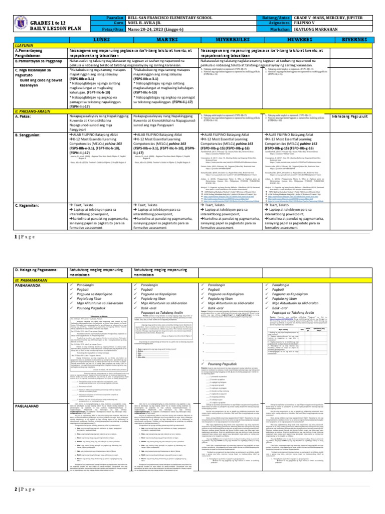 Week 1Daily-Lesson-Plan - In-Filipino | PDF