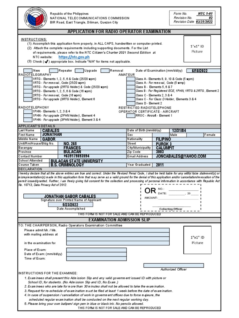 Form No NTC 1-01 APPLICATION FOR RADIO OPERATOR EXAMINATION | PDF