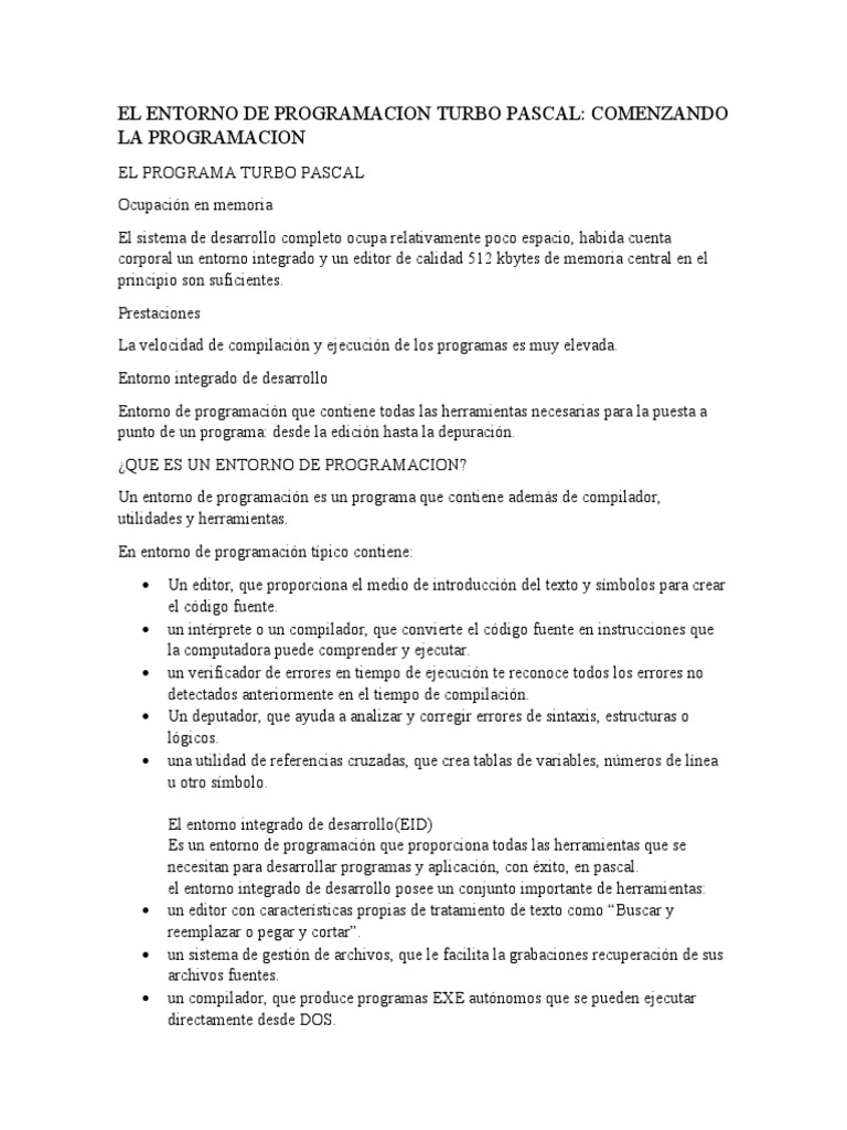 Introducción al entorno de programación Turbo Pascal | PDF | Programación | Programa de computadora
