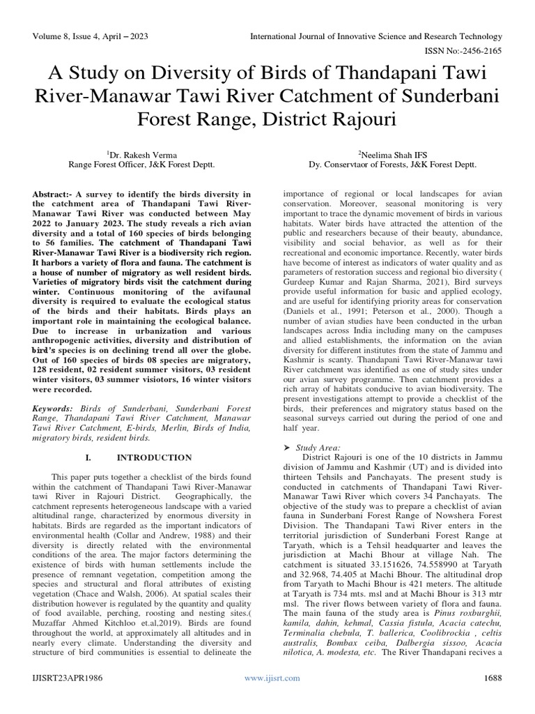 A Study On Diversity of Birds of Thandapani Tawi River-Manawar Tawi ...