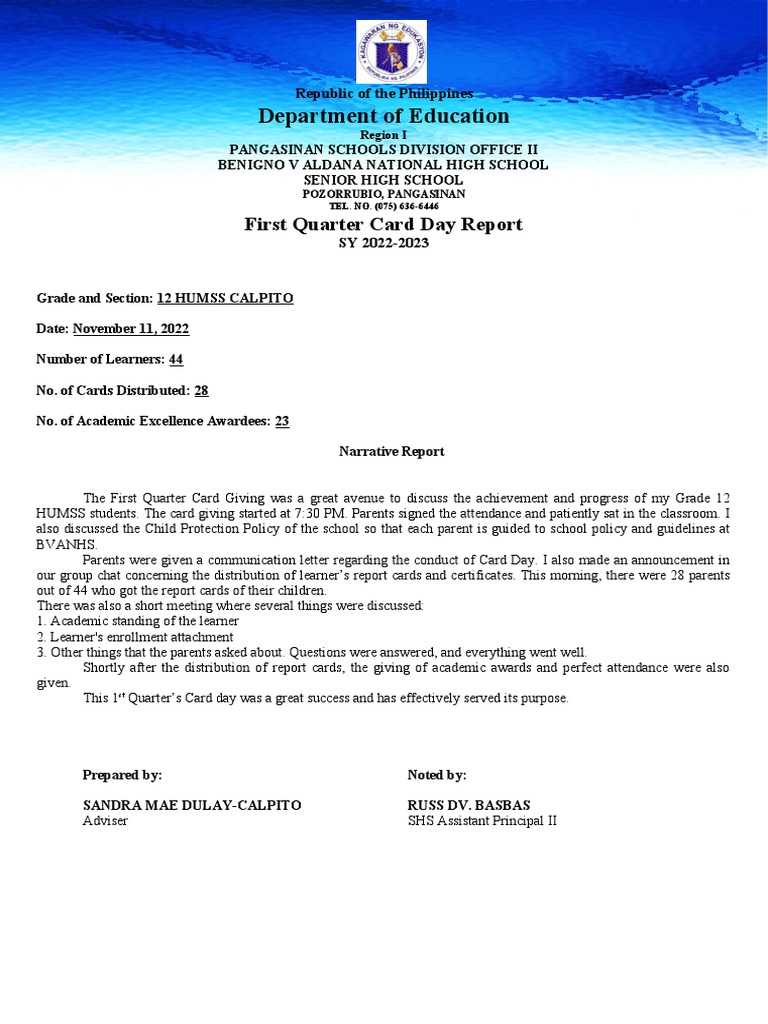First Quarter Card Day Report 2022-2023 | PDF