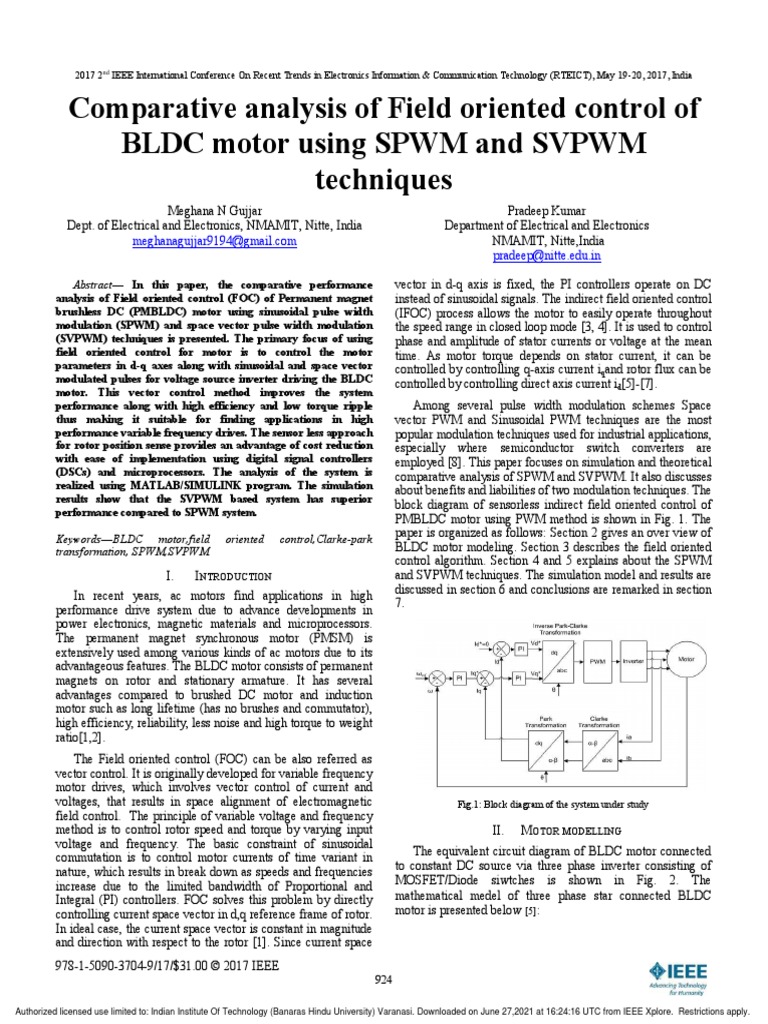 Comparative Analysis of Field Oriented Control of BLDC Motor Using SPWM ...