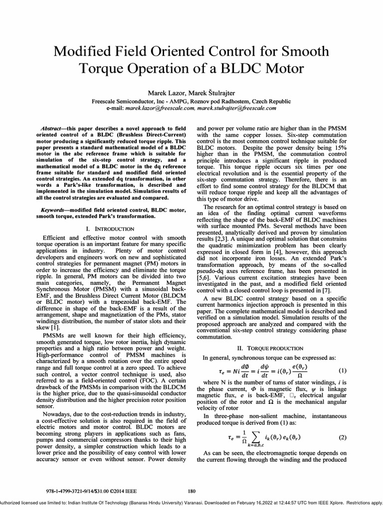 Modified Field Oriented Control For Smooth Torque Operation of A BLDC ...