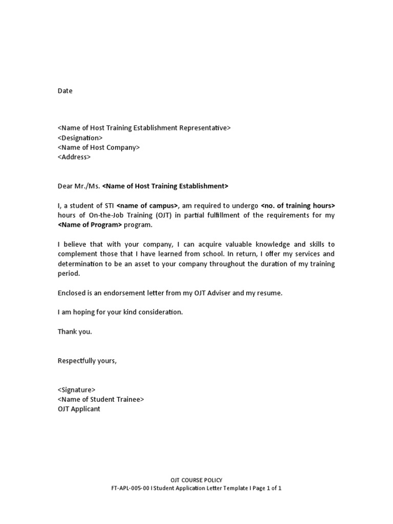 FT APL 005 00 Student Application Letter Template | PDF