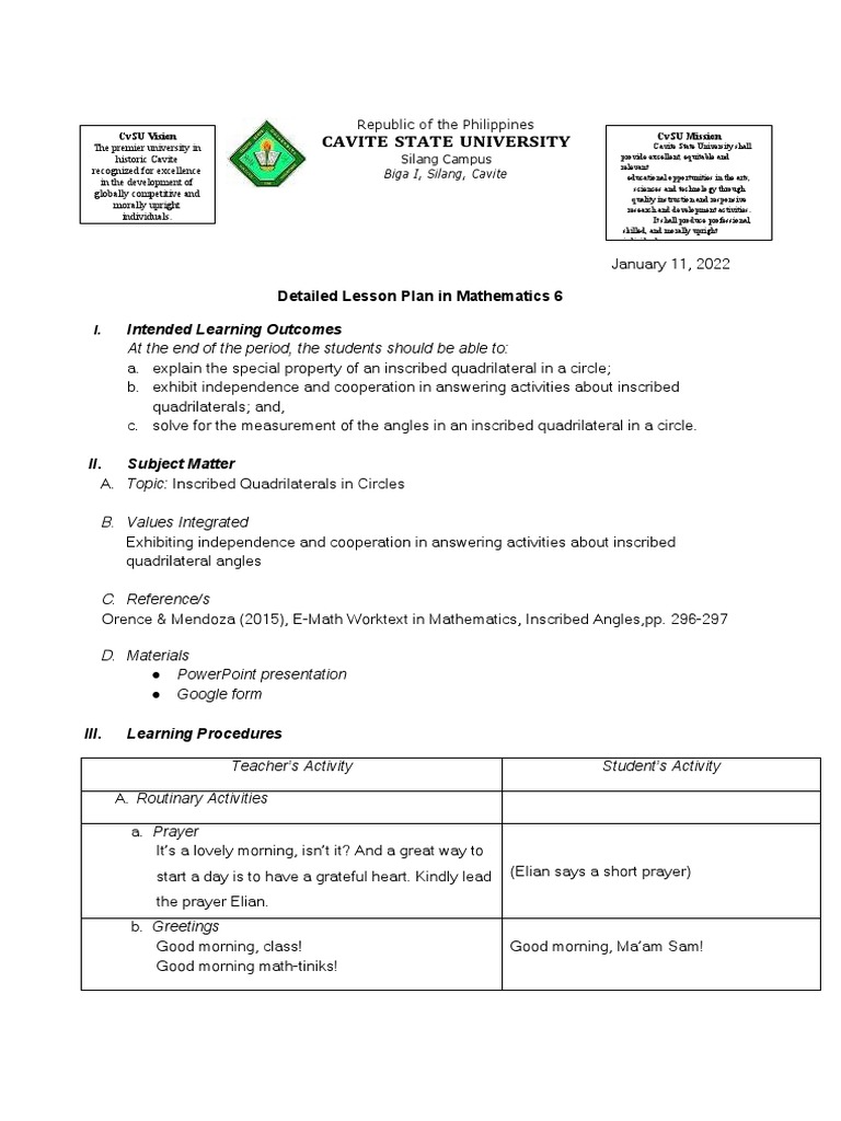 Inscribed Quadrilaterals Lesson Plan | PDF | Circle | Cognition