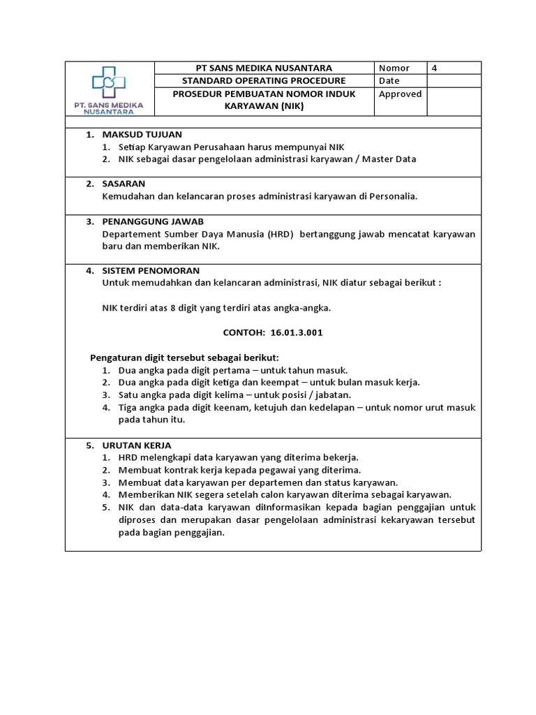Sop Pembuatan Nomor Induk Karyawan (Nik) | PDF