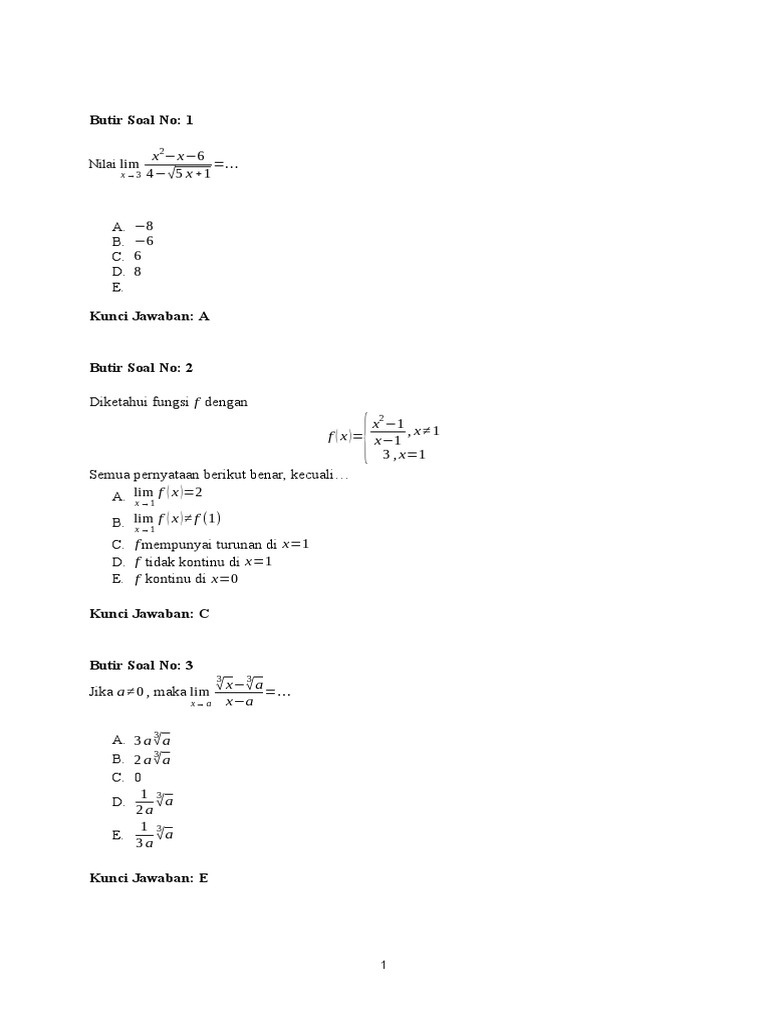 Soal Matematika Dan Kunci Jawaban | PDF