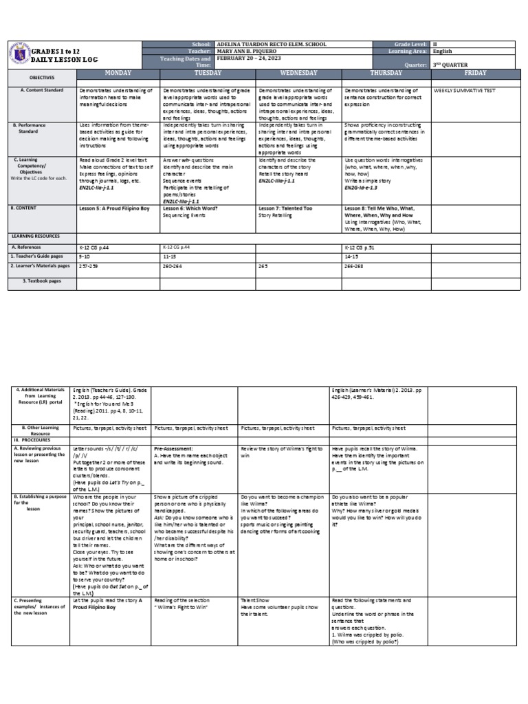 Grade 2 English Lesson Plan Week 2 | PDF | Learning | Thought