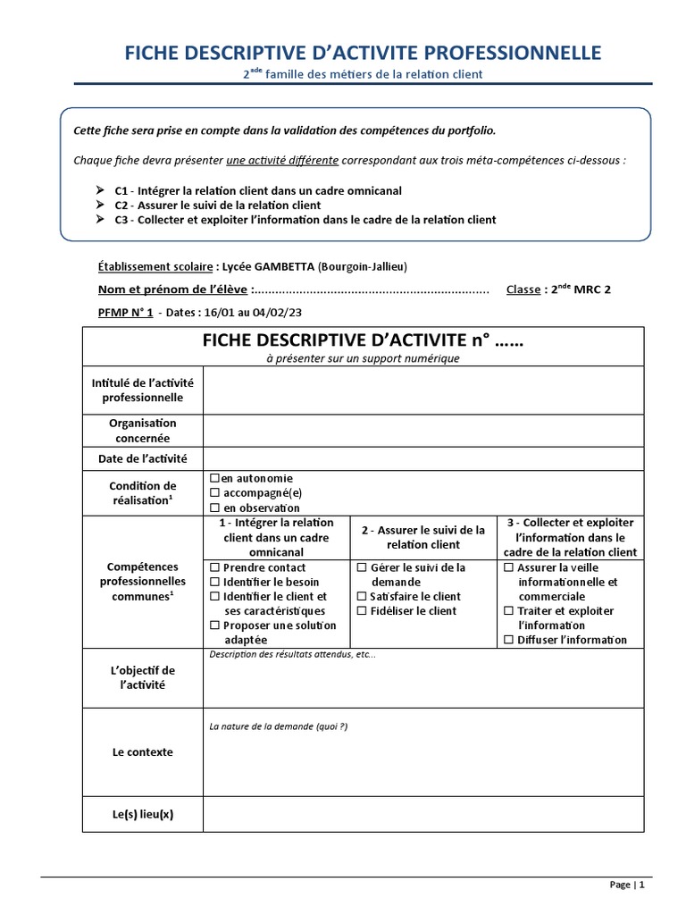 Fiche descriptive d'activité professionnelle | PDF