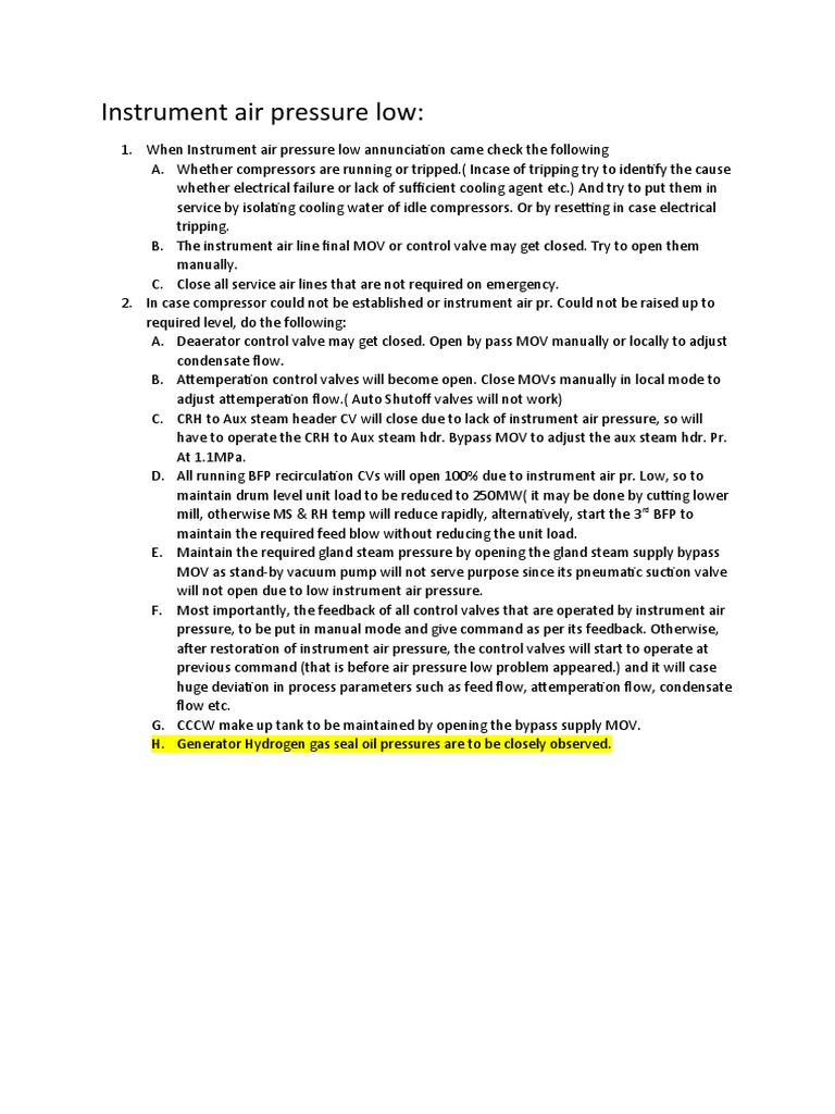 Instrument Air Pressure Low Troubleshooting Guide | PDF