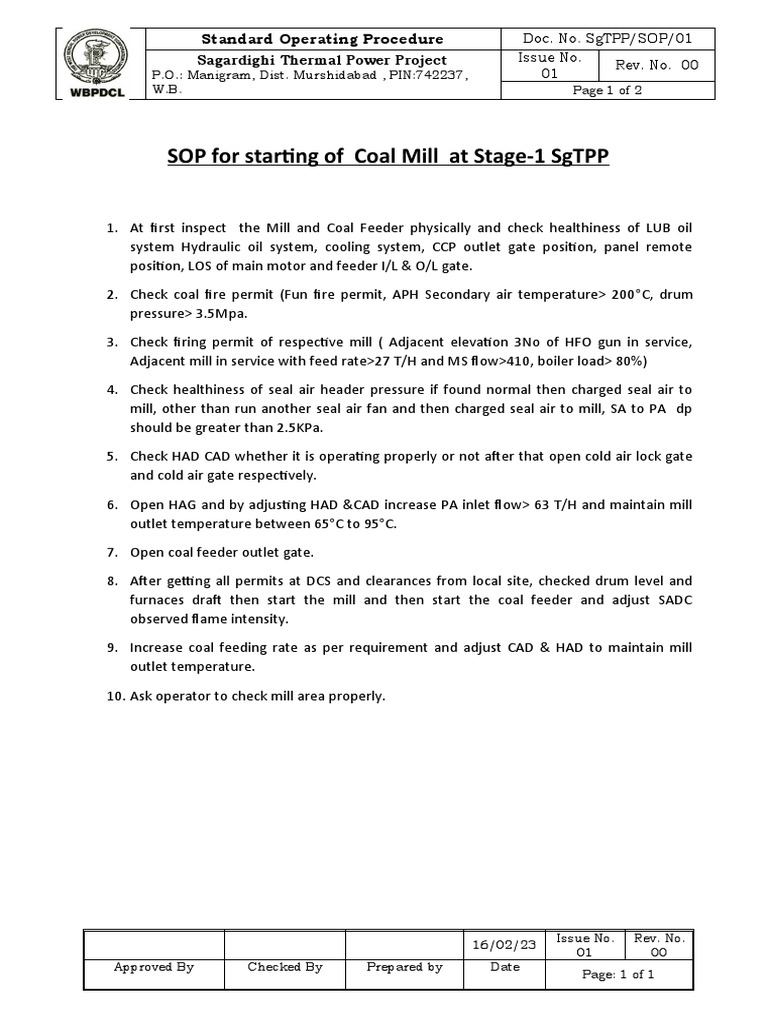 Coal Mill SOP in Standard Format | PDF