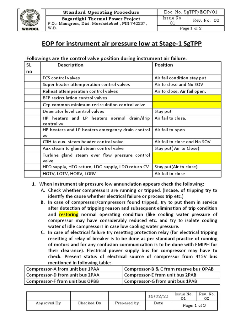 EOP of instrument air failure-final | PDF | Valve | Electric Generator
