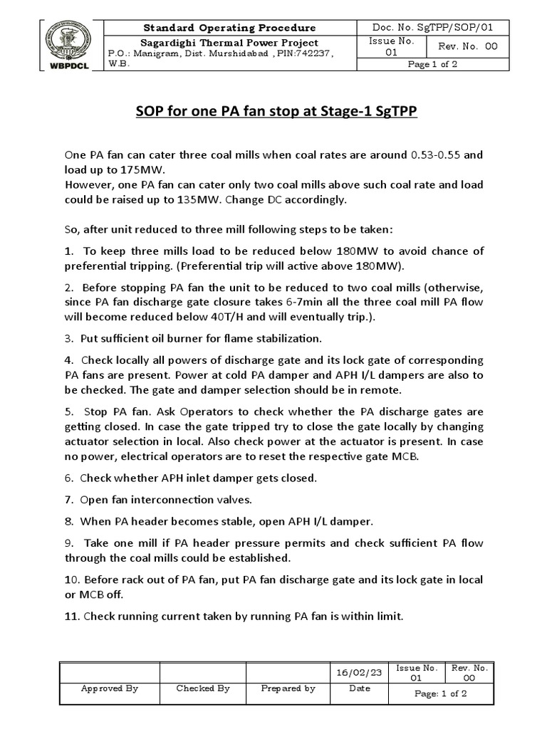PA Fan Operation SOP for SgTPP | PDF | Equipment | Energy Technology