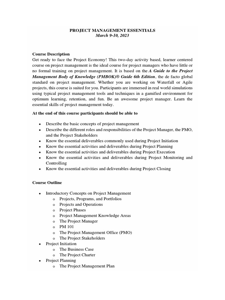 Project Management Essentials (March 9-10, 2023) | PDF | Project ...