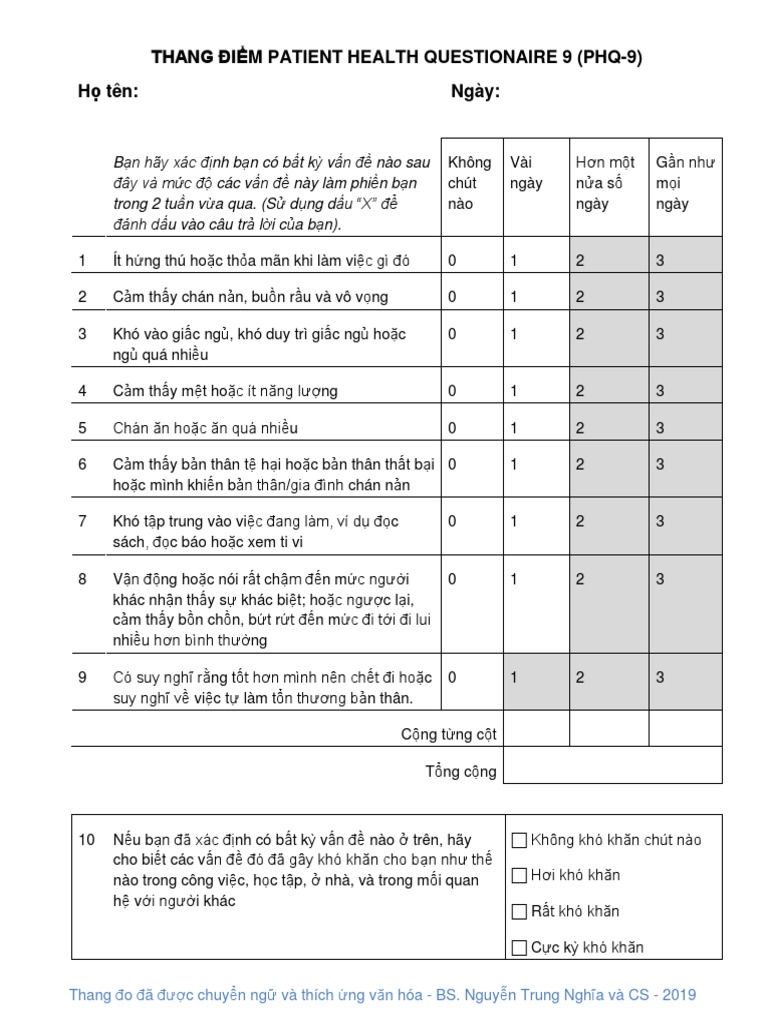 Thang Do Tam Soat Roi Loan Tram Cam Chu Yeu PHQ-9-general | PDF