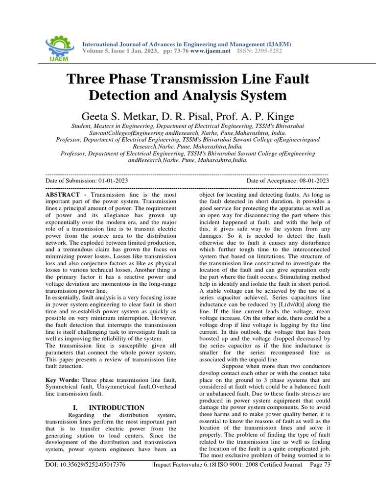 Three Phase Transmission Line Fault Detection And Analysis System Pdf