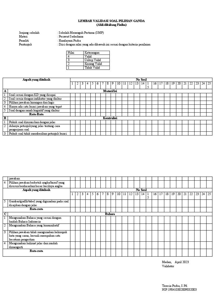 LEMBAR VALIDASI SOAL Validator 2 Handayani | PDF